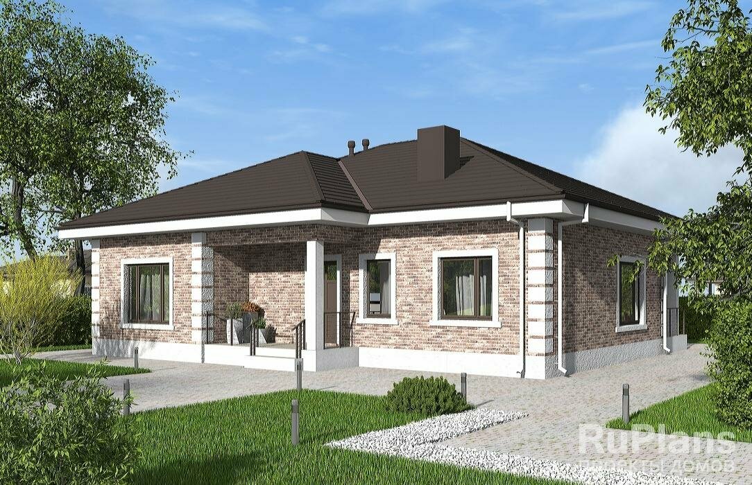 Одноэтажный дом с тремя спальнями и террасой (117 м2, 13м x 14м) Rg6158