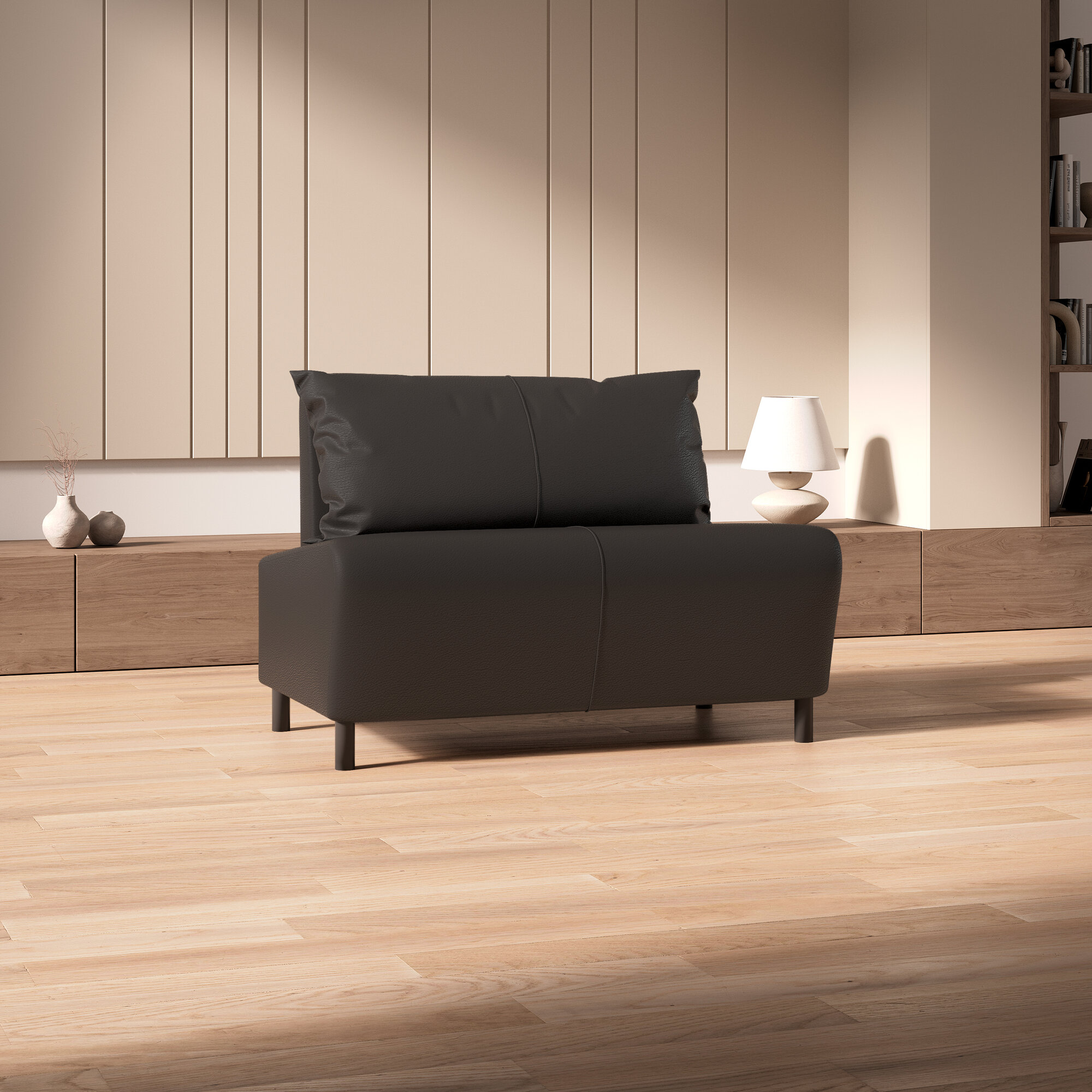 Диван TWIN, с подушкой, в офис, холл, 100 см, без подлокотников, экокожа черный