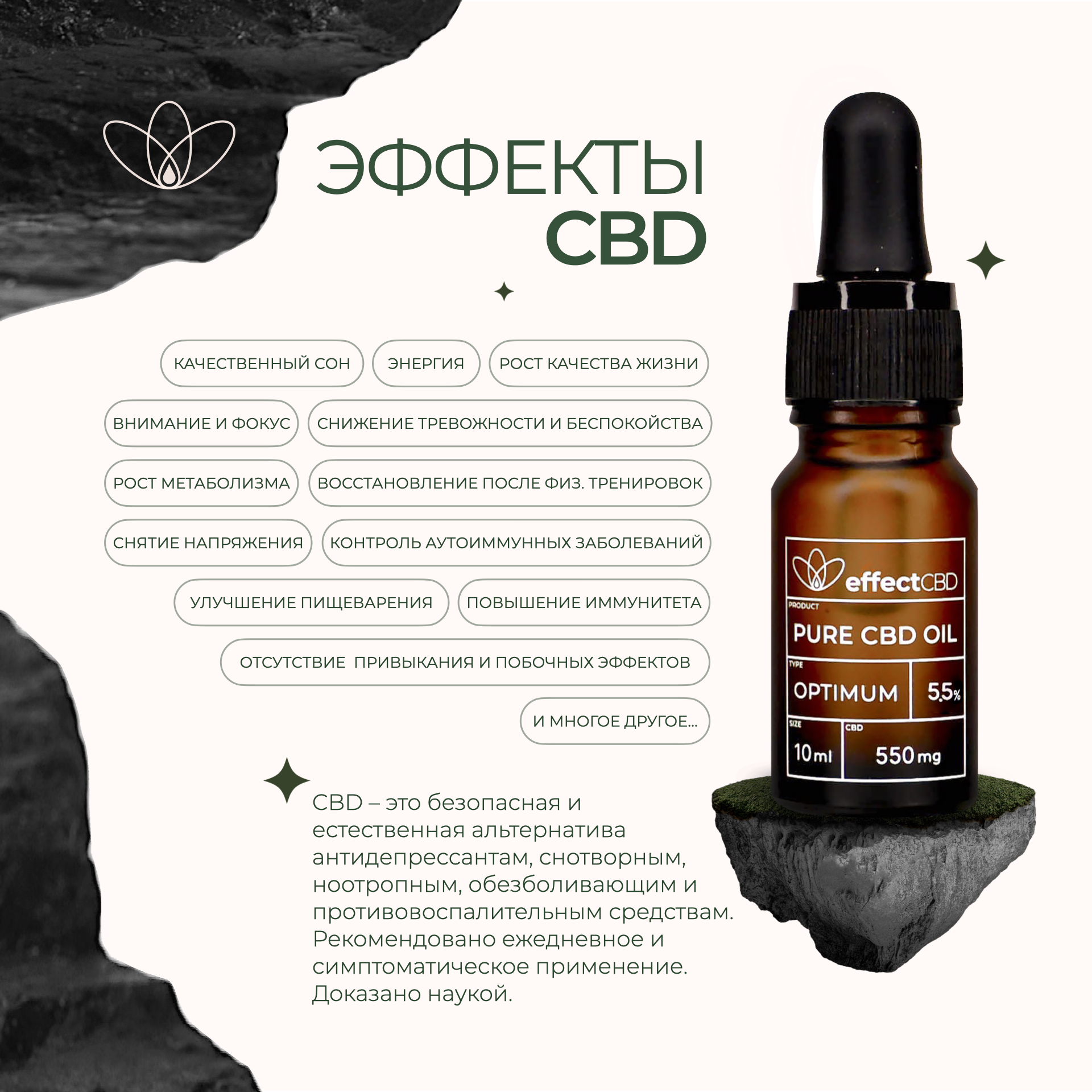 CBD масло OPTIMUM от effectCBD 10 мл для спокойствия, сна, расслабления и поддержки нервной системы — фото 1