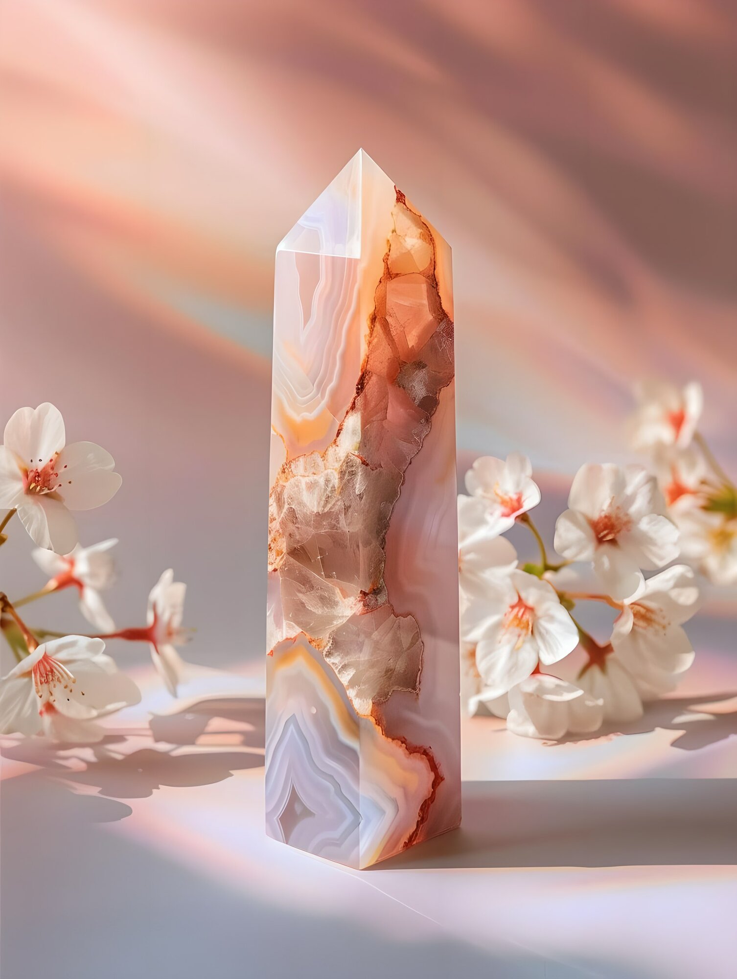 Розовый Агат Сакура, оберег, натуральный камень в подарочной упаковке, столбик 7 см