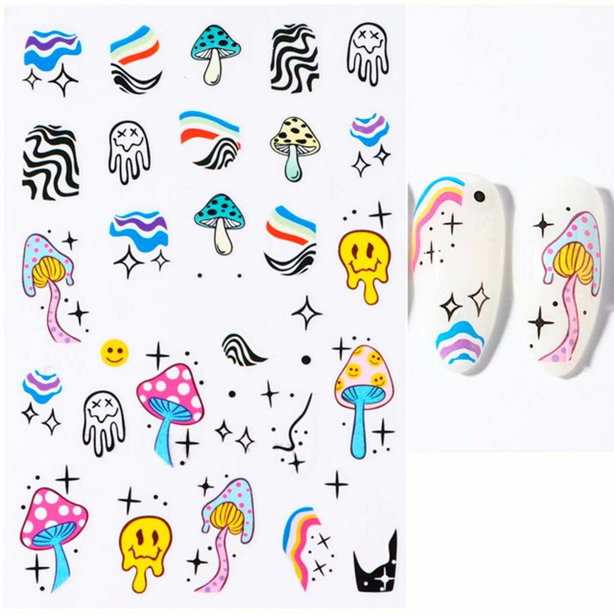 Слайдеры для ногтей Мухоморы и смайлики хиппи позитив