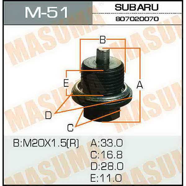 MASUMA M-51 (807020070) пробка маслослив. отв.\ Subaru (Субару) Forester (Форестер) / Impreza (Импреза) / tribeca