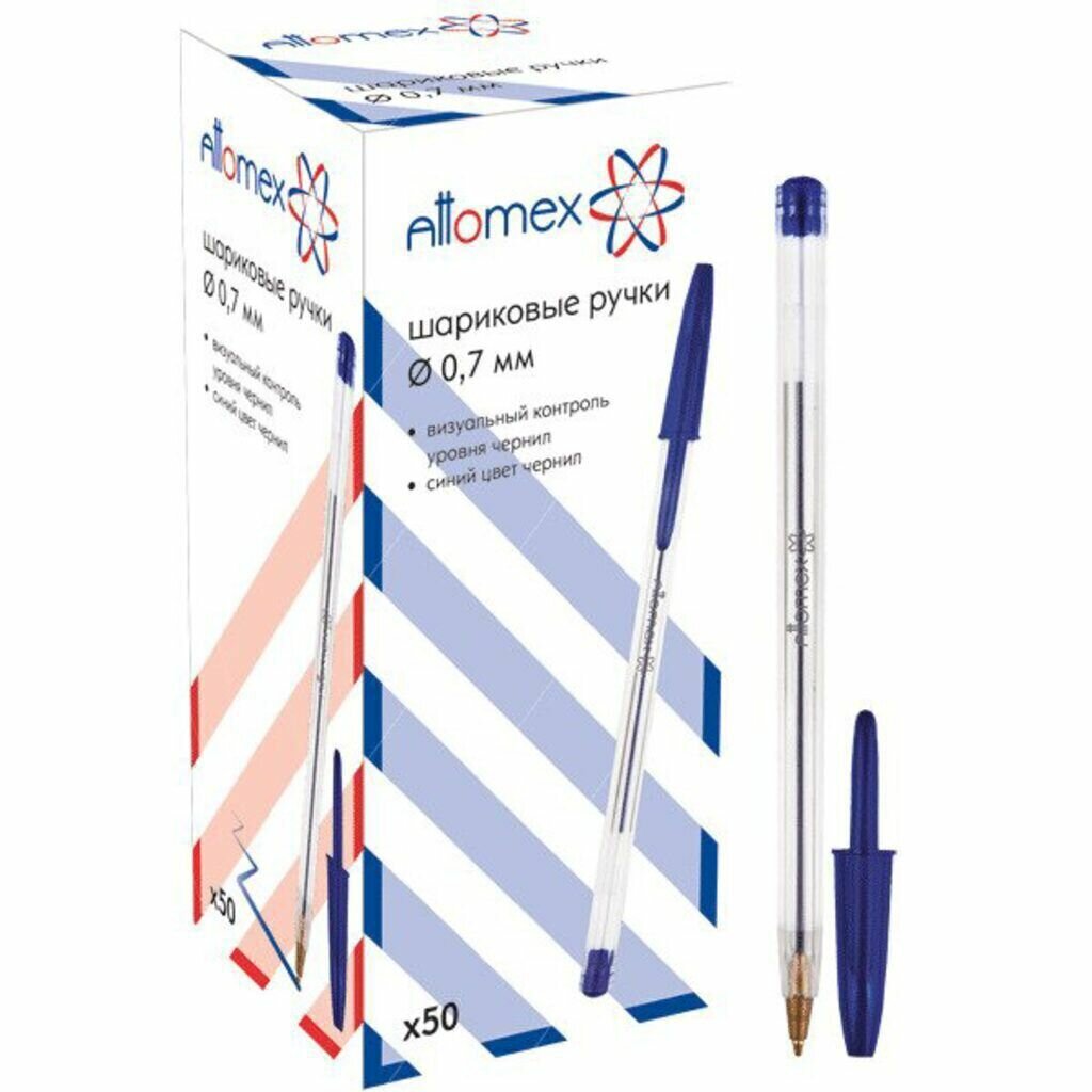Ручка шар. Attomex, 0,7мм, синяя, прозрачный корпус 5073306. Комплект из 50 ручек