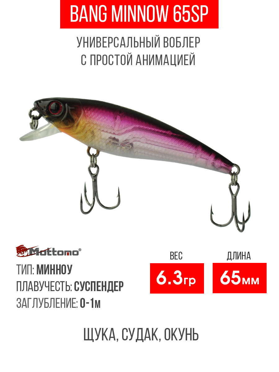 Воблер для рыбалки Mottomo Bang Minnow 65SP 6,3g минноу суспендер для спиннинга, твичинга. Приманка на щуку
