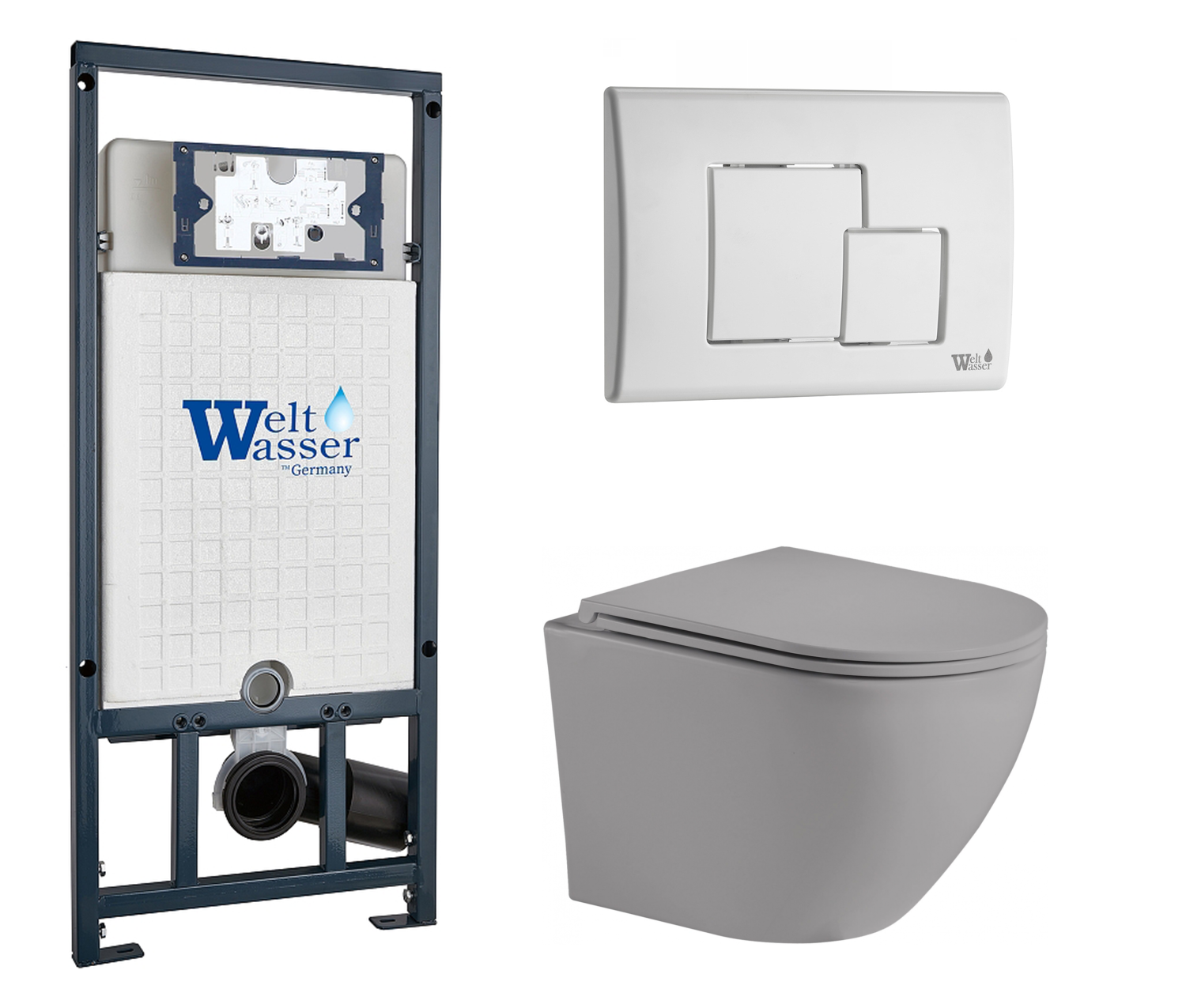 Комплект 3 в 1 инсталляция WeltWasser WW Marberg 507 + Унитаз подвесной Weltwasser WW Merzbach 043 MT-GR серый с кнопкой белой SE 10000005949 + 10000010237 + 10000003708