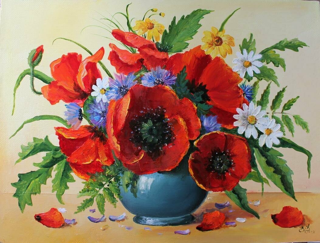 Алмазная мозаика на подрамнике/Картина стразами/ Алмазное хобби "Полевые цветы. Маки и ромашки" 40х50 см, сложность 5, цветов 22/ Komas