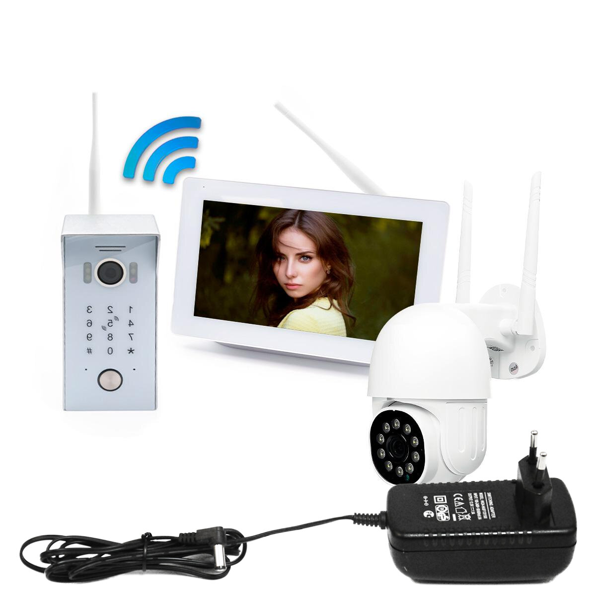 Беспроводной домофон TUYA и уличная 5mp поворотная Wi-Fi IP камера наблюдения - СкайНет 700-Tuya (1+1)-LCD радиоканальная вызывная панель с кодовым на