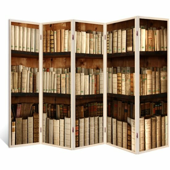 Ширма перегородка Декор Депо для комнаты деревянная "Библиотека" двухсторонняя с картинкой (уют) 5 створок кремовый дуб 176х230 см 18 кг