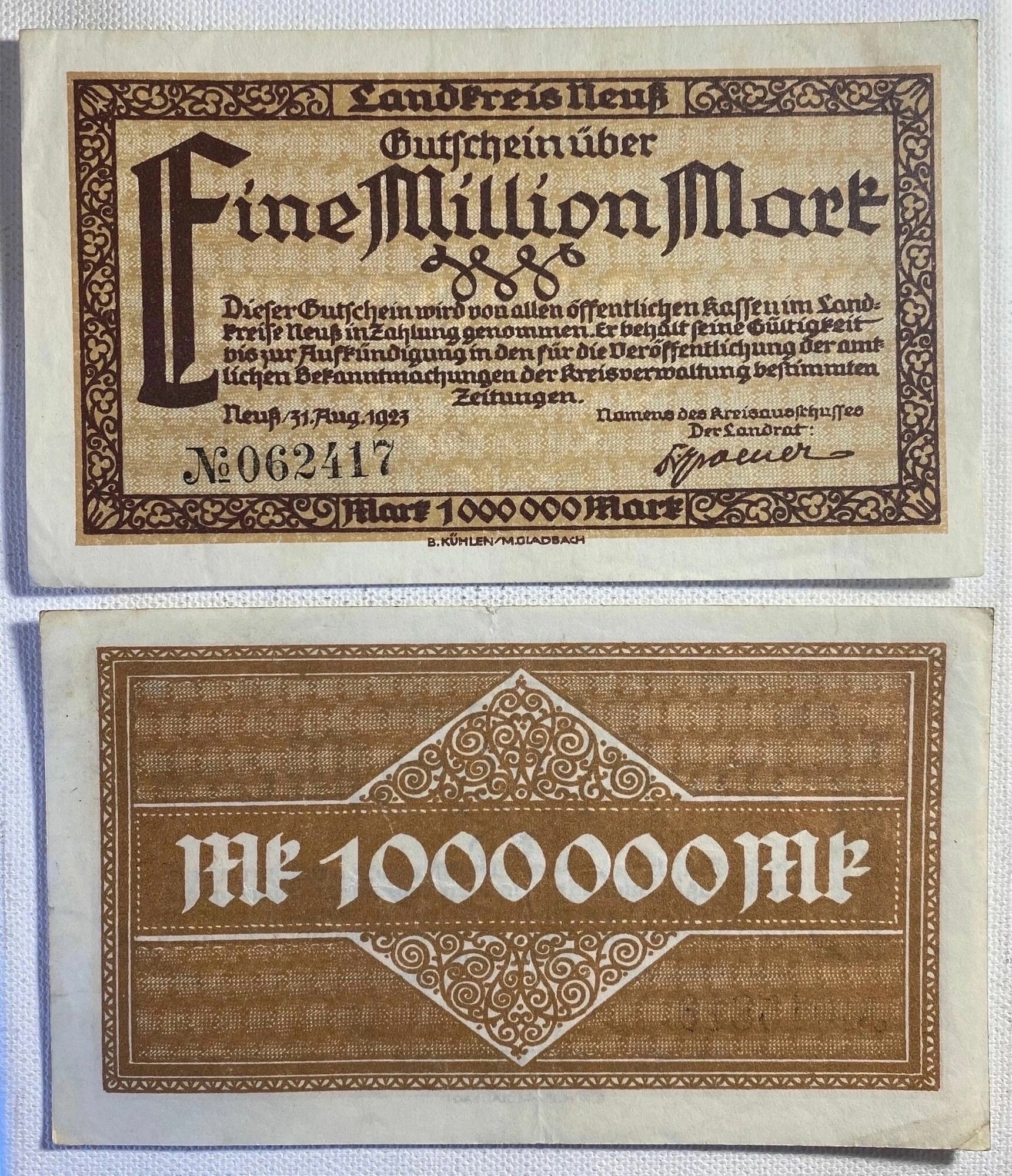 Гроссгельд - 1000000 марок 1923 года Neuss Германия