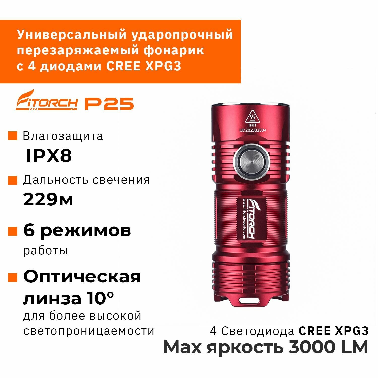 Фонарь FiTorch P25 универсальный компактный (акум. с USB) красный