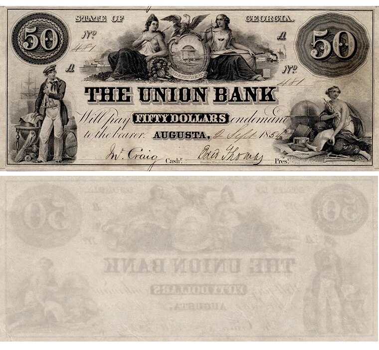 50 долларов 1854 США штат Джорджия Georgia THE UNION BANK Augusta, сувенирная копия, банкноты и купюры редкие коллекционные