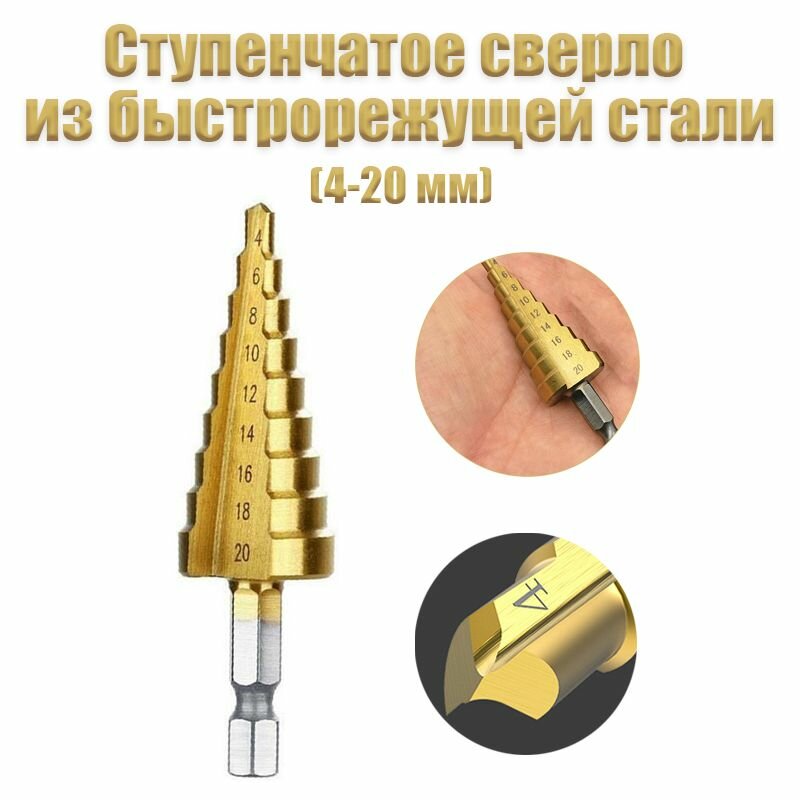 Ступенчатое сверло по металлу 4-20 мм с титановым покрытием для точных отверстий в стали, латуни, дереве и пластике