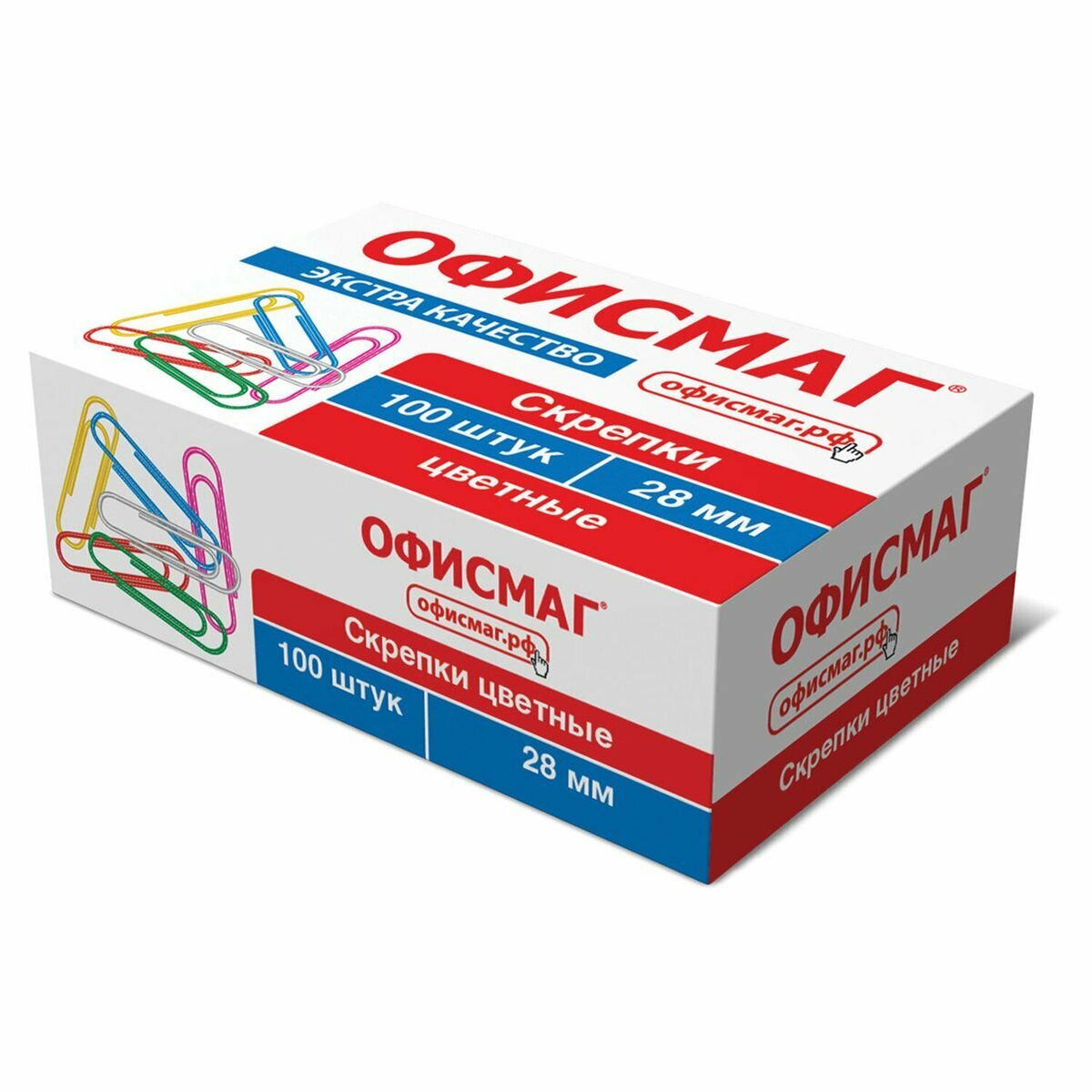 Скрепки Офисмаг Экстра (28мм, никелированные, цветные) картонная упаковка, 100шт.