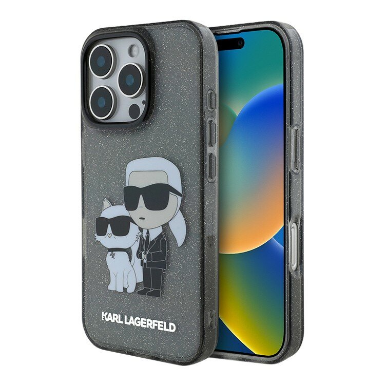 Karl Lagerfeld чехол для iPhone 16 Pro, PC/TPU NFT Karl & Choupette Glitter, серый/с блестками