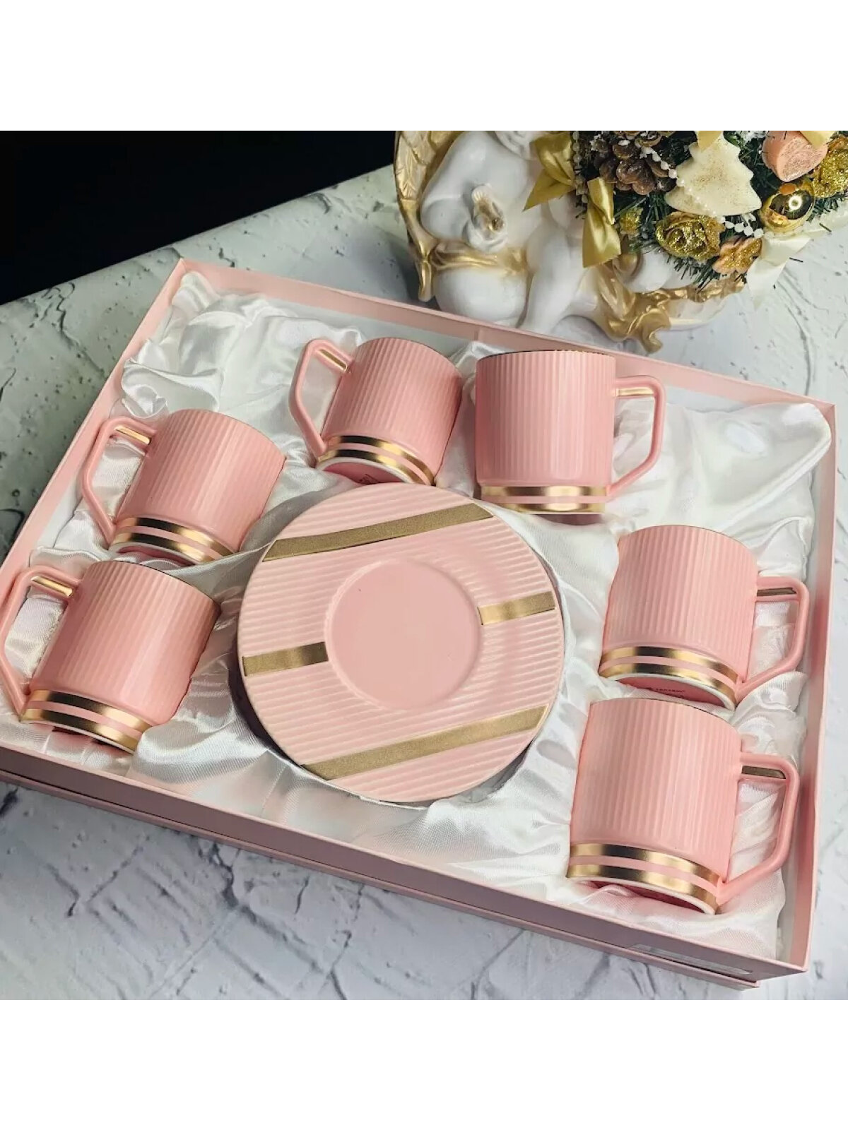 Чайный сервиз Lenardi, фарфор, на 6 персон, 14 предметов, розовый с золотом