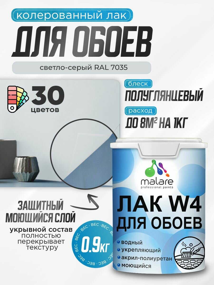 Лак колерованный укрывной для защиты обоев Malare W4 универсальный для дерева и минеральных поверхностей, водный без запаха быстросохнущий, полуглянцевый RAL 7035 светло-серый, 0.9 кг.