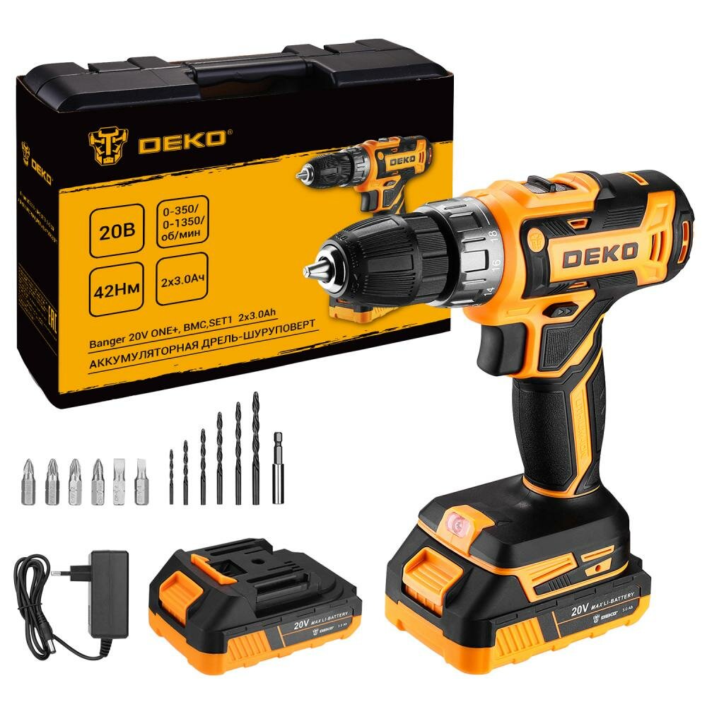 Аккумуляторная дрель-шуруповерт DEKO Banger 20V ONE+ 13 предметов в кейсе, 2x3.0Ач 083-1109