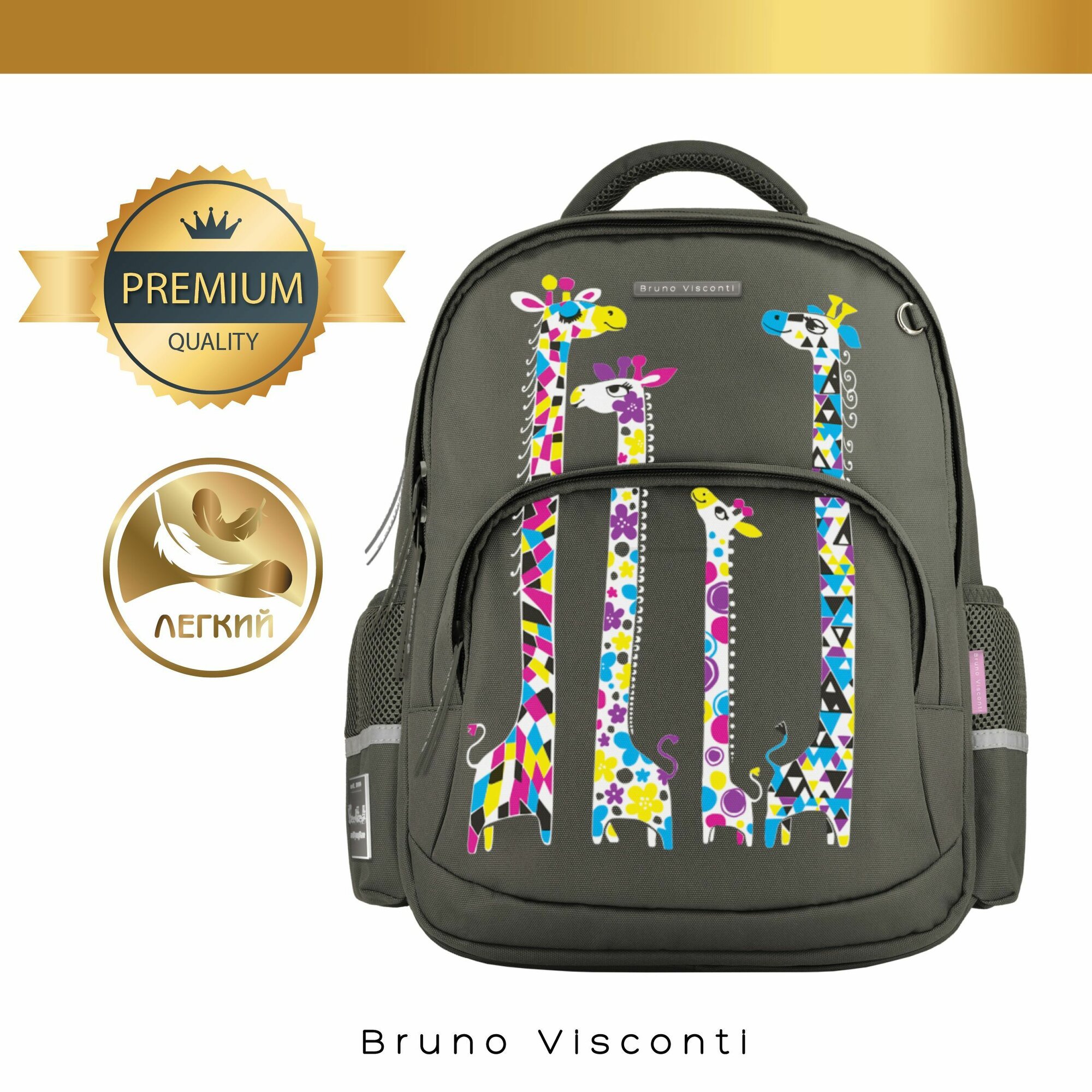 Рюкзак школьный классический для девочки Bruno Visconti "жирафы. Настроение", темно-серый, с эргономичной спинкой арт.12-002-132/06