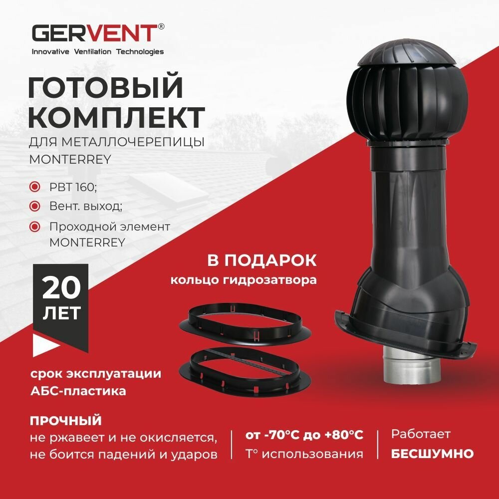 GERVENT Система вытяжной вентиляции для металлочерепицы Monterrey+ кольцо гидрозатвора, черный