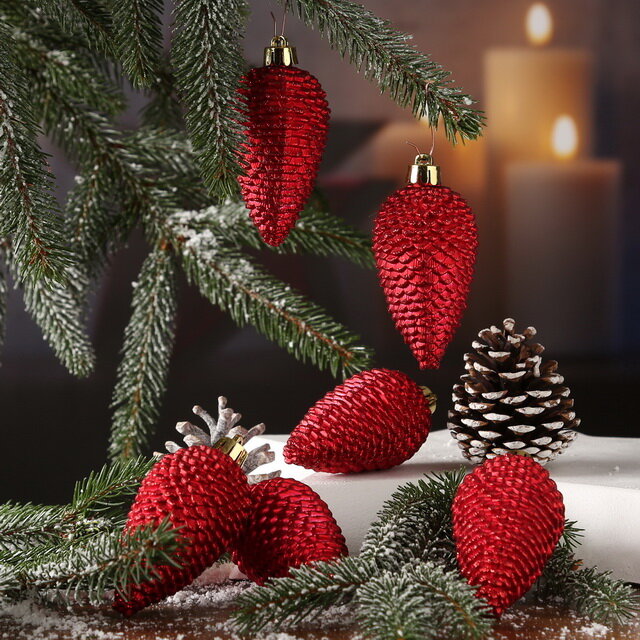 Елочная игрушка Шишка Alto - Красная 8 см, 6 шт, пластик, Winter Deco, 028572