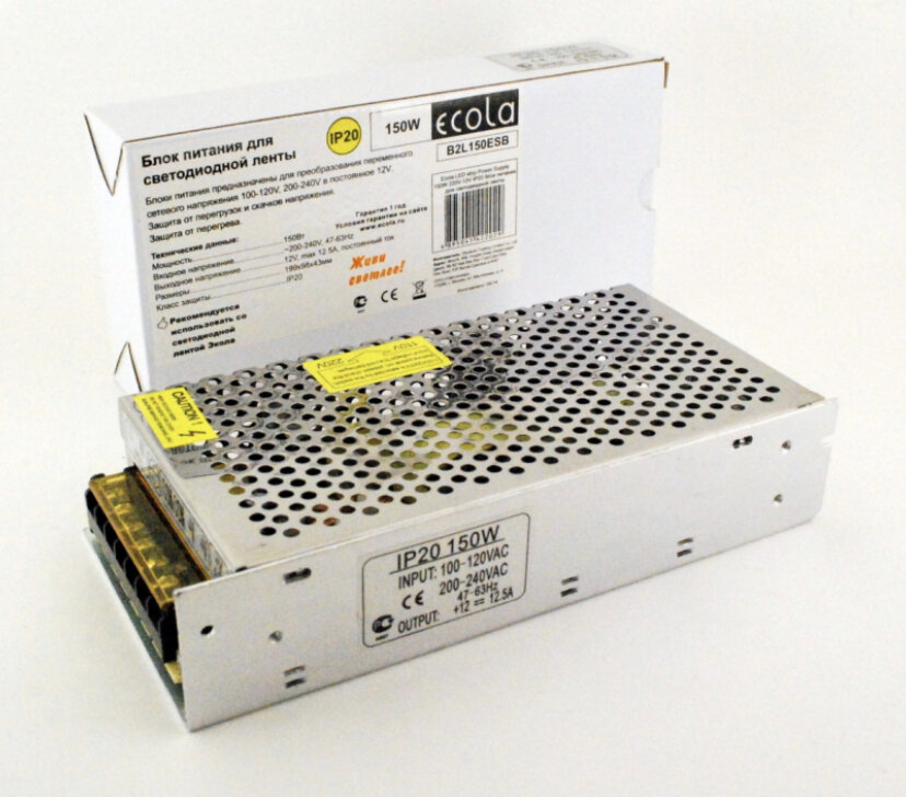 Ecola Блок питания для светодиодной ленты, 150 Вт, 220-12 В, IP20