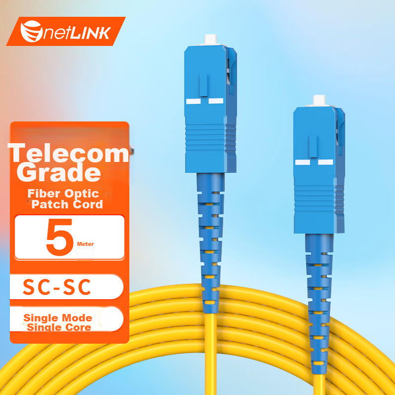 NetLINK Telecom-Grade Fiber Optic Patch Cable, SC-SC Single-Mode Single-Core 5 Meters, 9/125 Optical Cable Fusion Splice Pigtail, 1 Piece, HTF-SC