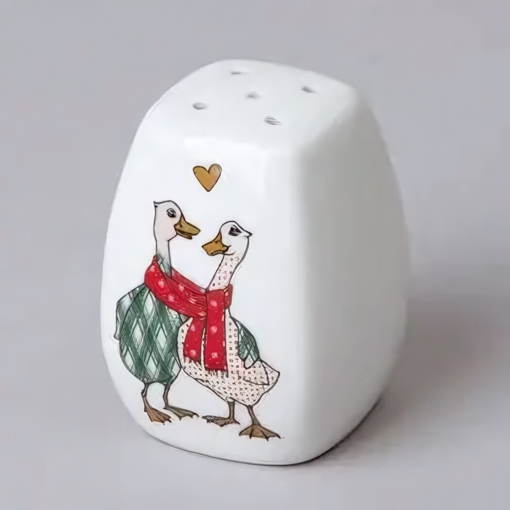 Перечница фарфоровая "Family christmas", новогодний дизайн с утками, белая, глазурь