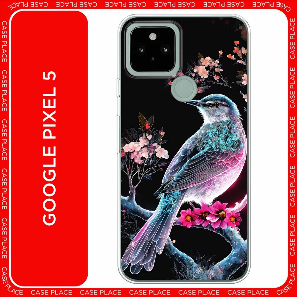 Чехол на Google Pixel 5 / Гугл Пиксель 5 с принтом "Птица на цветущем дереве"