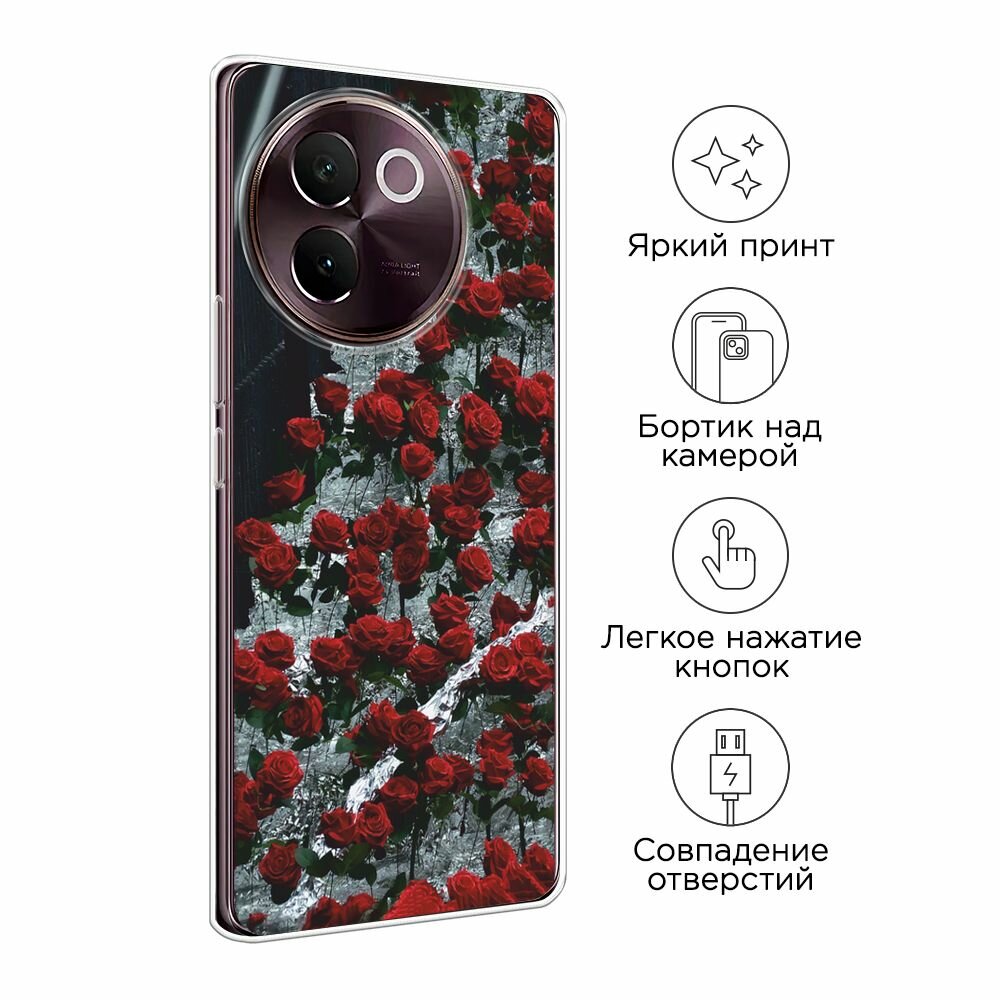 Силиконовый чехол на Vivo V30e / Виво В30е с принтом Цветущие алые розы — фото 1