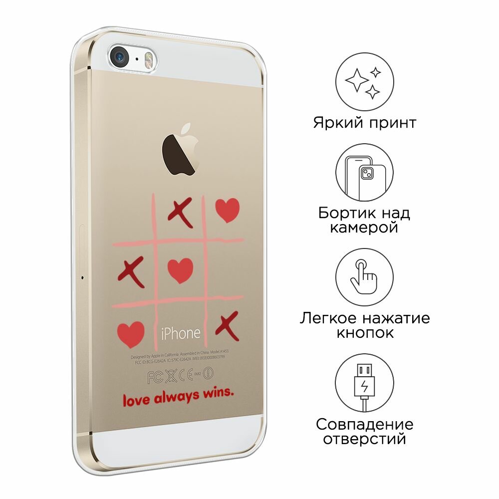Чехол на Apple iPhone 5/5S/SE / Айфон 5/5S/SE с принтом "love always wins - 14 февраля", прозрачный — фото 1