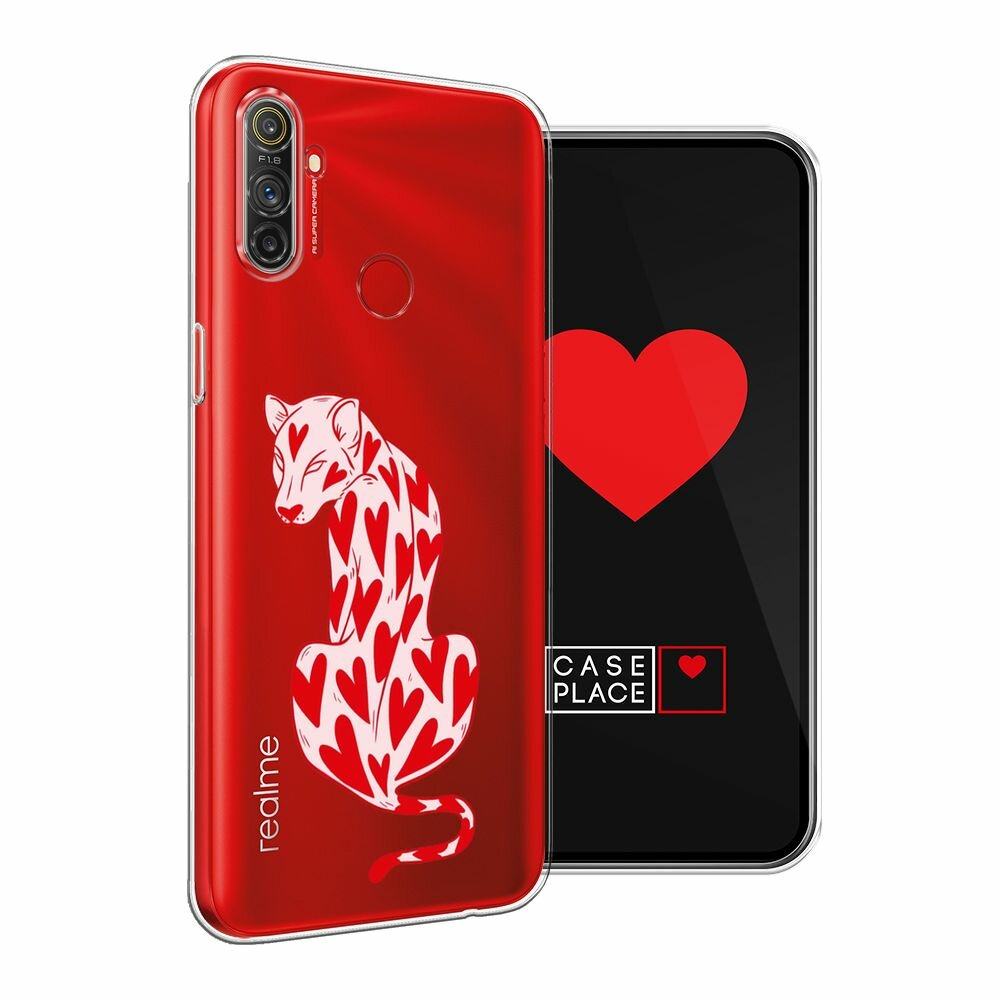 Чехол на Realme C3 / Реалми C3 с принтом "Heart panther 2 - 14 февраля", прозрачный — фото 1
