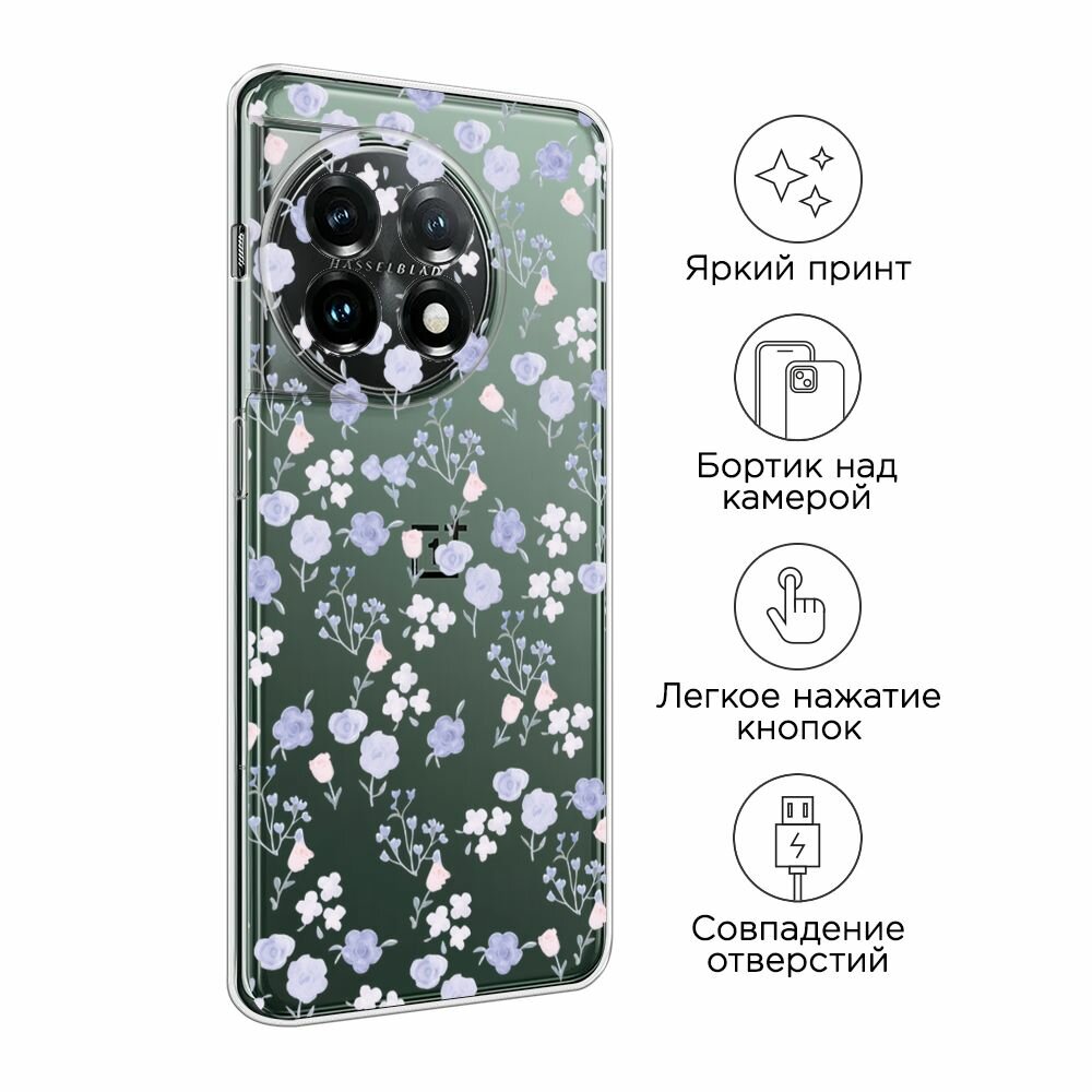 Чехол на OnePlus 11 / Ван Плас 11 с принтом "Сиреневые розы паттерн", прозрачный — фото 1