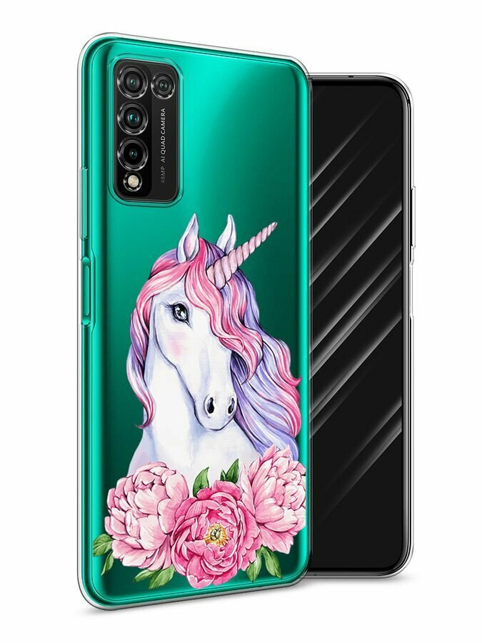 Чехол на Honor 10X Lite / Хонор 10X Лайт с принтом "Единорог с пионами", прозрачный