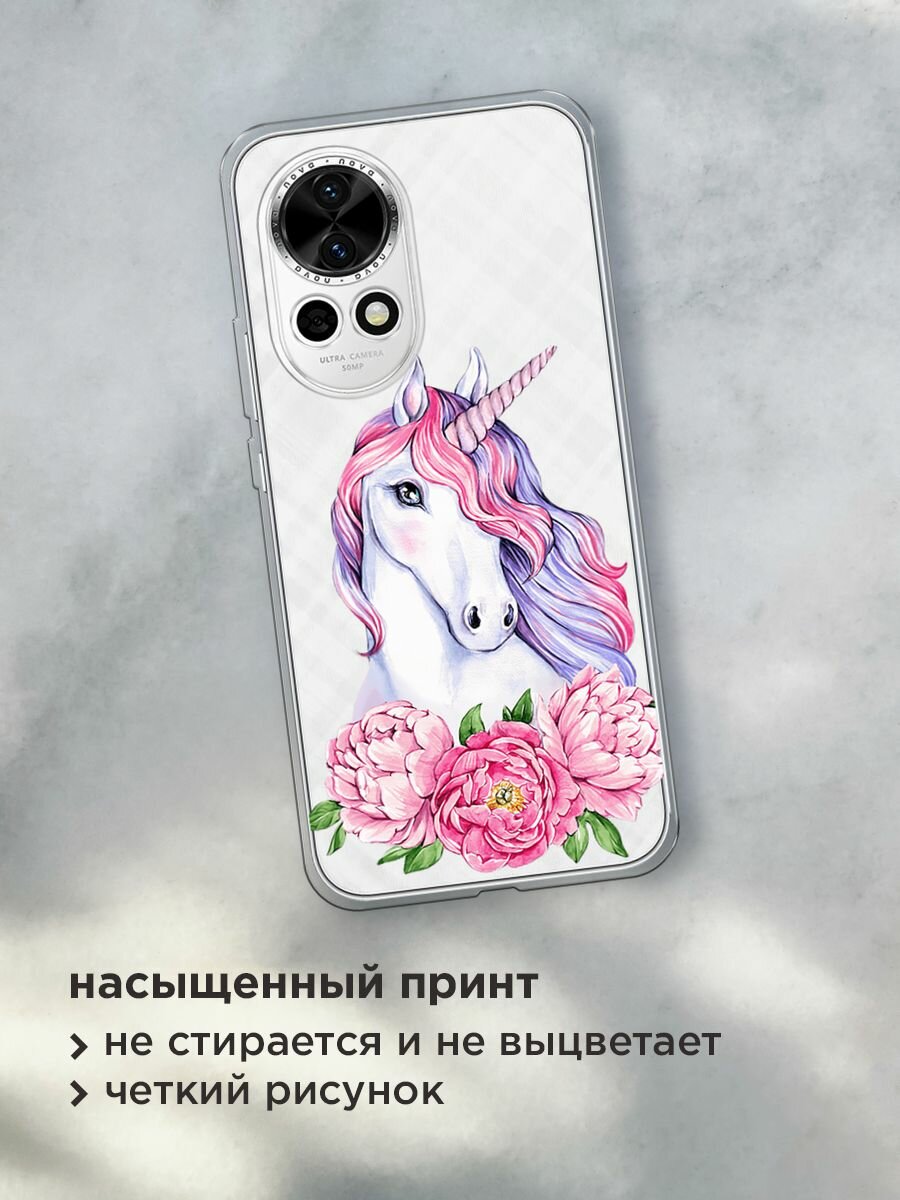 Чехол на Huawei Nova 12/Nova13 / Хуавей Нова 12/Нова 13 с принтом "Единорог с пионами", прозрачный — фото 1