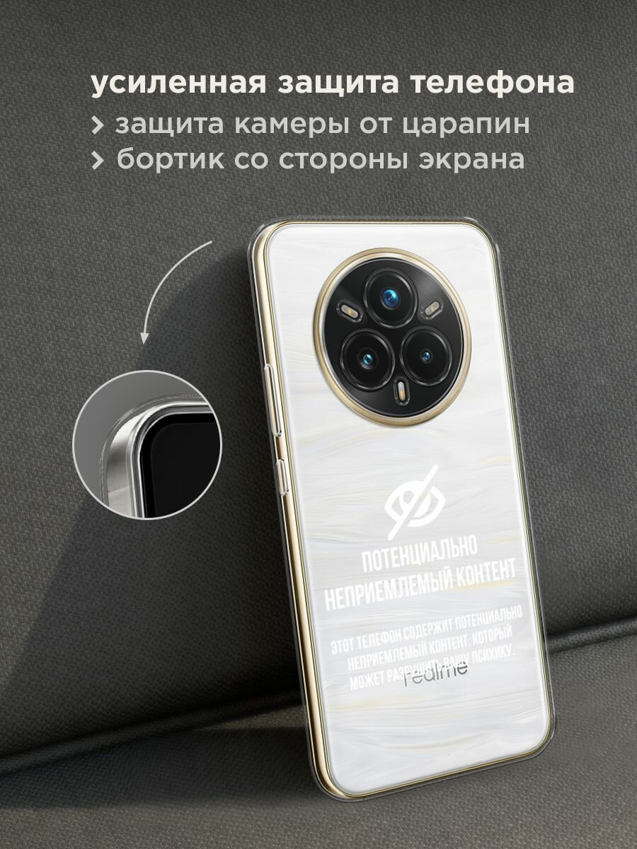 Чехол на Realme 14 Pro+ / Реалми 14 Про+ с принтом "Неприемлемый контент", прозрачный — фото 1