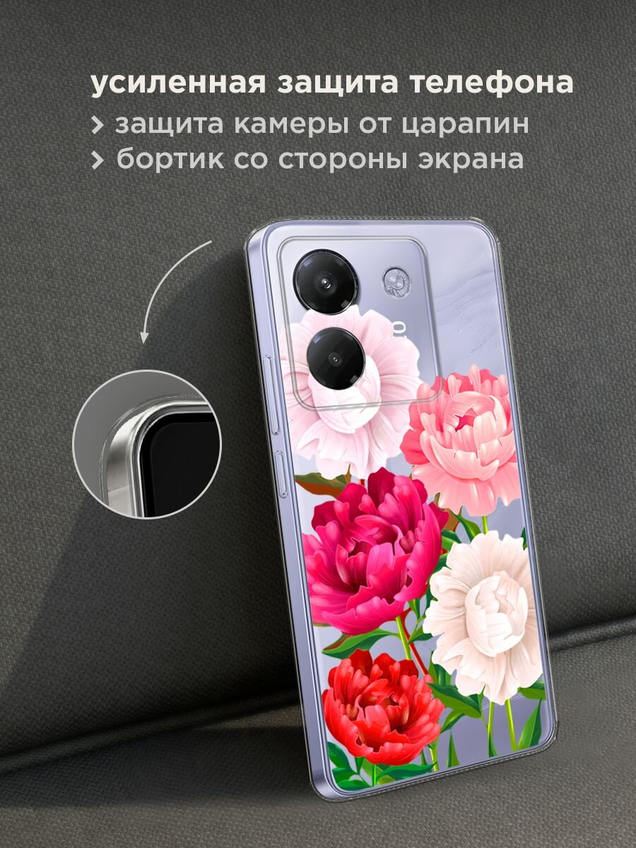 Чехол на Poco M7 Pro / Поко М7 Про с принтом "Большие пионы", прозрачный — фото 1