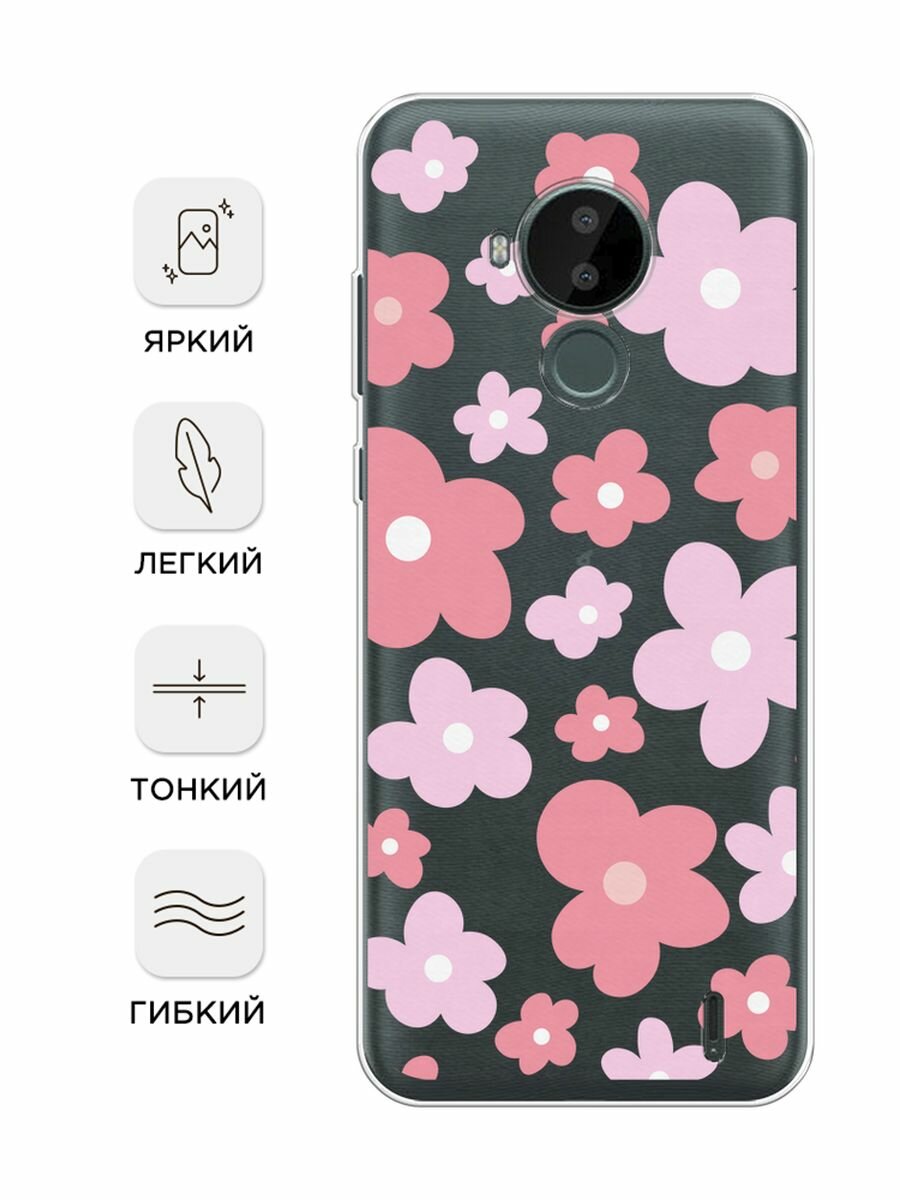 Чехол на Nokia C30 / Нокия C30 с принтом "Нежные розовые цветочки рисунок", прозрачный — фото 1