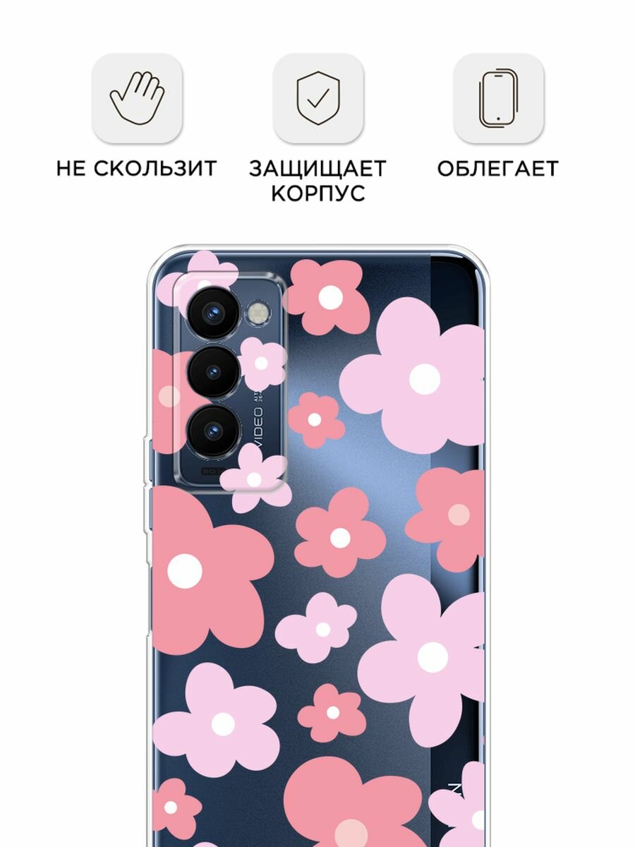 Чехол на Tecno Camon 18P / Техно Камон 18Р с принтом "Нежные розовые цветочки рисунок", прозрачный — фото 1