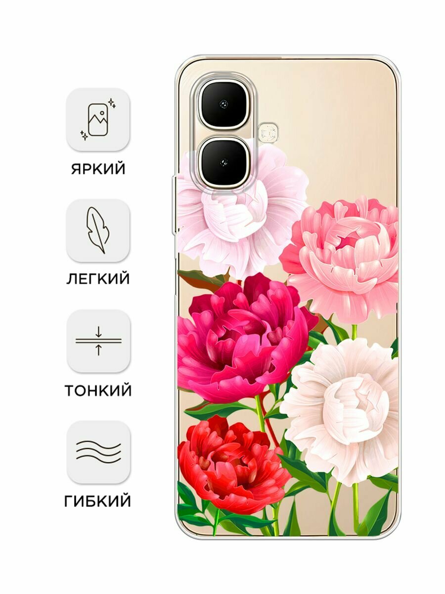 Чехол на Infinix Smart 10 / Инфиникс Смарт 10 с принтом "Большие пионы", прозрачный — фото 1