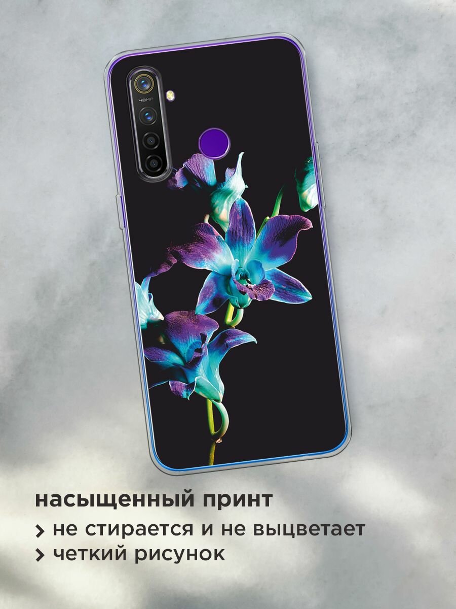 Чехол на Realme 5 Pro / Реалми 5 Про с принтом "Синий цветок на черном" — фото 1