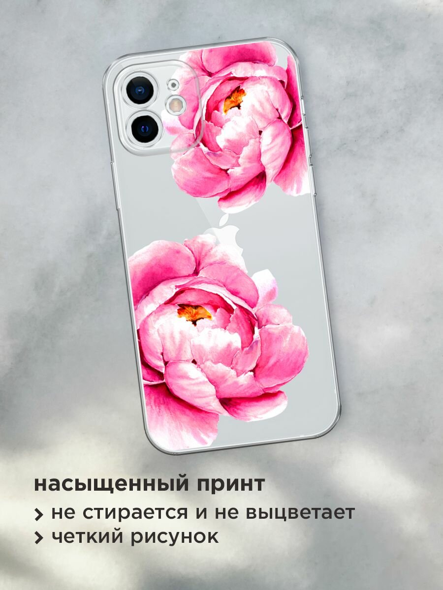 Чехол на Apple iPhone 12 mini / Айфон 12 Мини с принтом "Open peonies", прозрачный — фото 1
