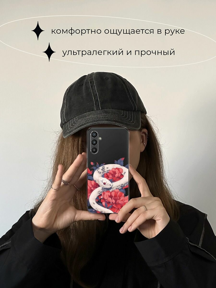 Чехол на Samsung Galaxy A34 / Самсунг A34 с принтом "Белая змея в цветах", прозрачный — фото 1