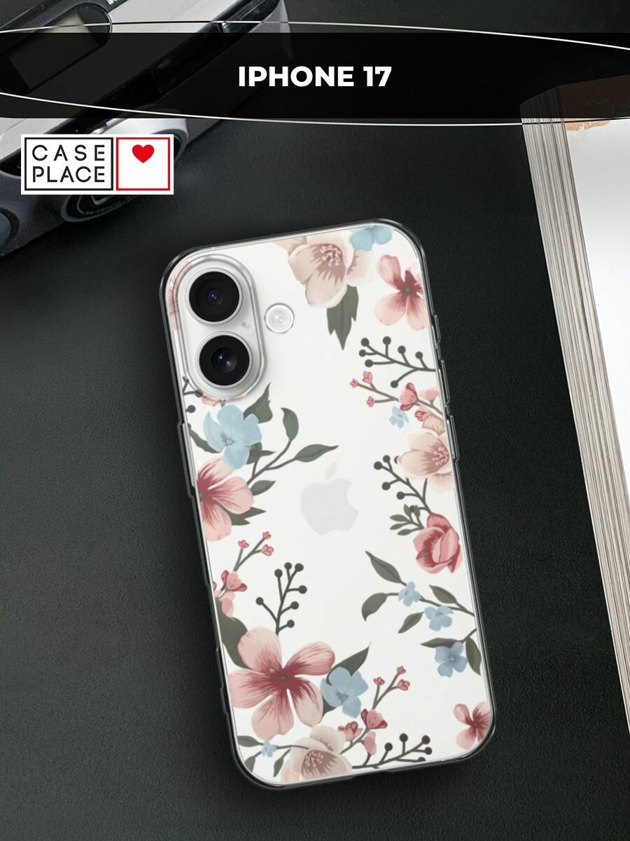 Чехол на Apple iPhone 17 / Айфон 17 с принтом "Нежная рамка из цветов", прозрачный