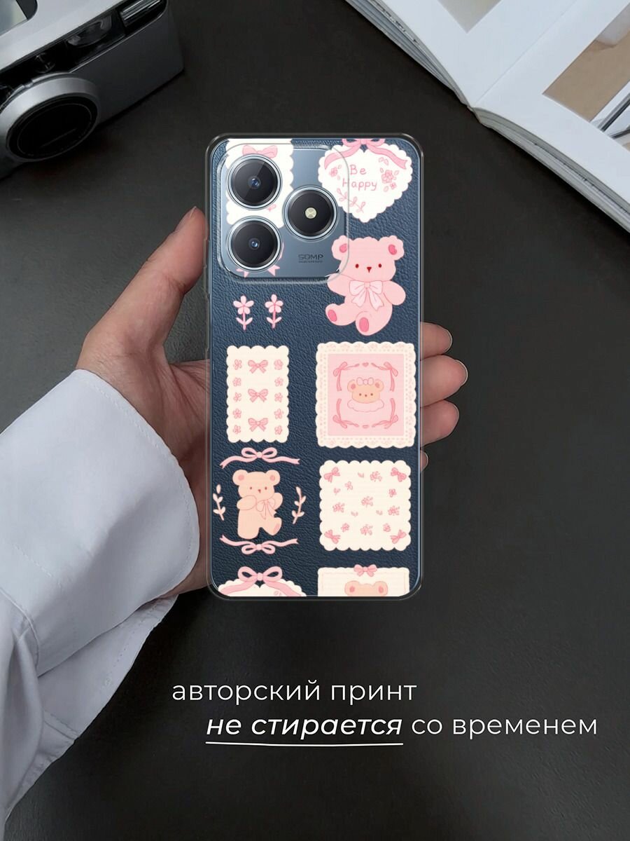 Чехол на Realme C63 / Реалми С63 с принтом "Розовые марки", прозрачный — фото 1