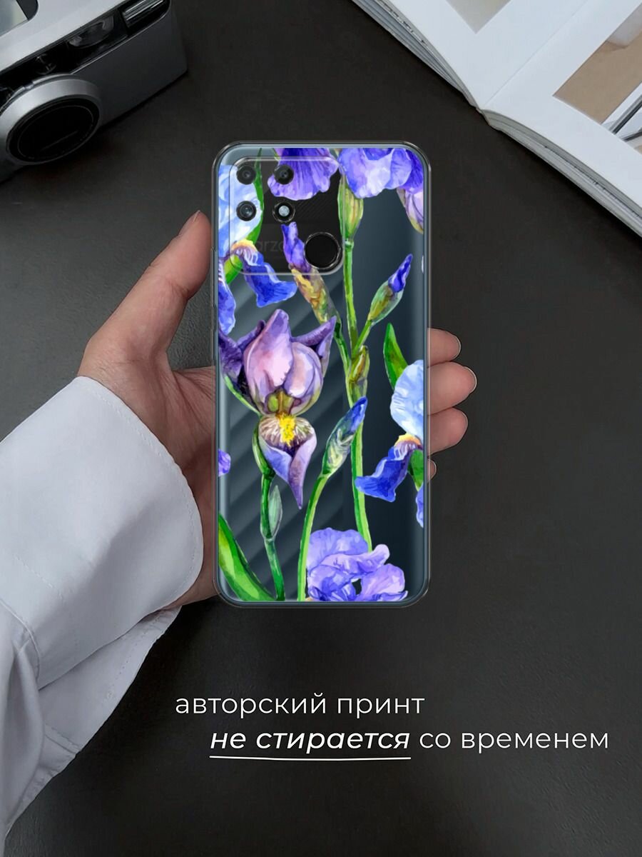 Чехол на Realme Narzo 50A / Реалми Нарзо 50A с принтом "Синие ирисы", прозрачный — фото 1