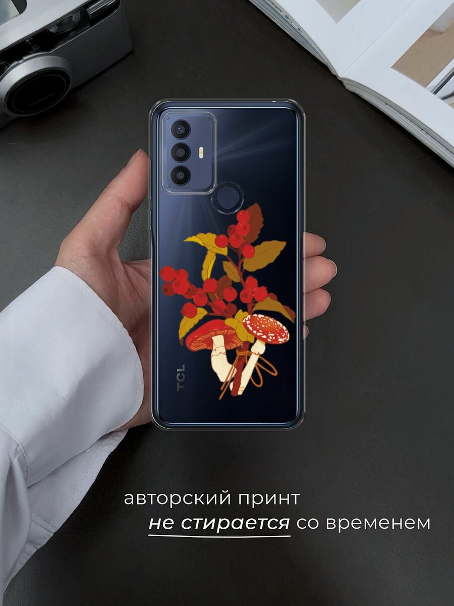 Чехол на TCL 30E/30 SE/305/306 / ТСЛ 30E с принтом "Рябина с грибами", прозрачный — фото 1