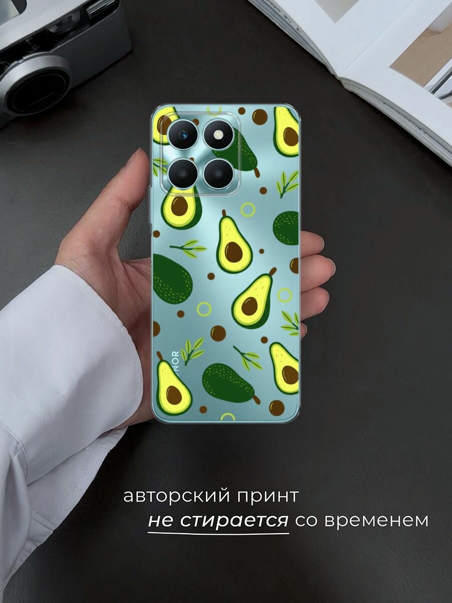 Чехол на Honor X6A / Хонор X6A с принтом "Авокадо паттерн", прозрачный — фото 1