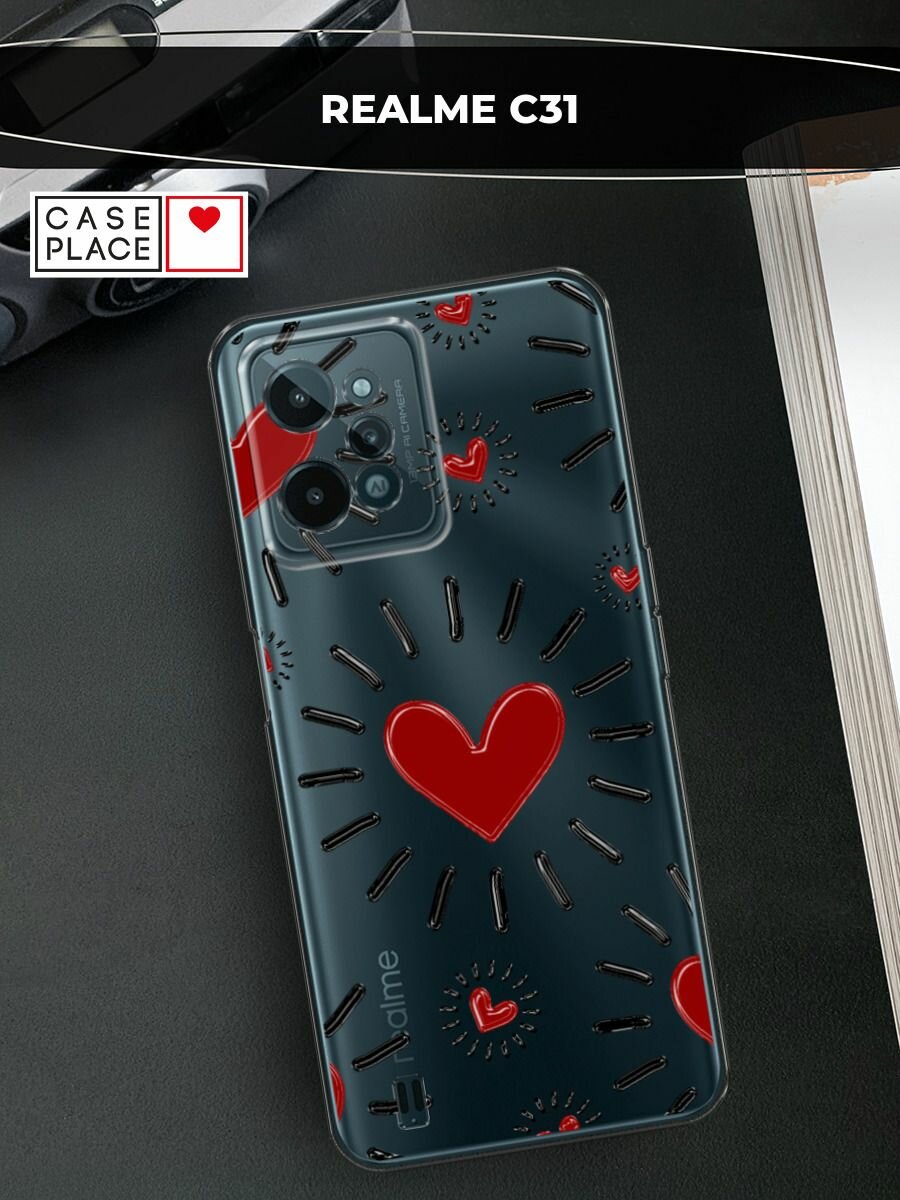 Чехол на Realme C31 / Реалми C31 с принтом "Бордовые сердца паттерн"