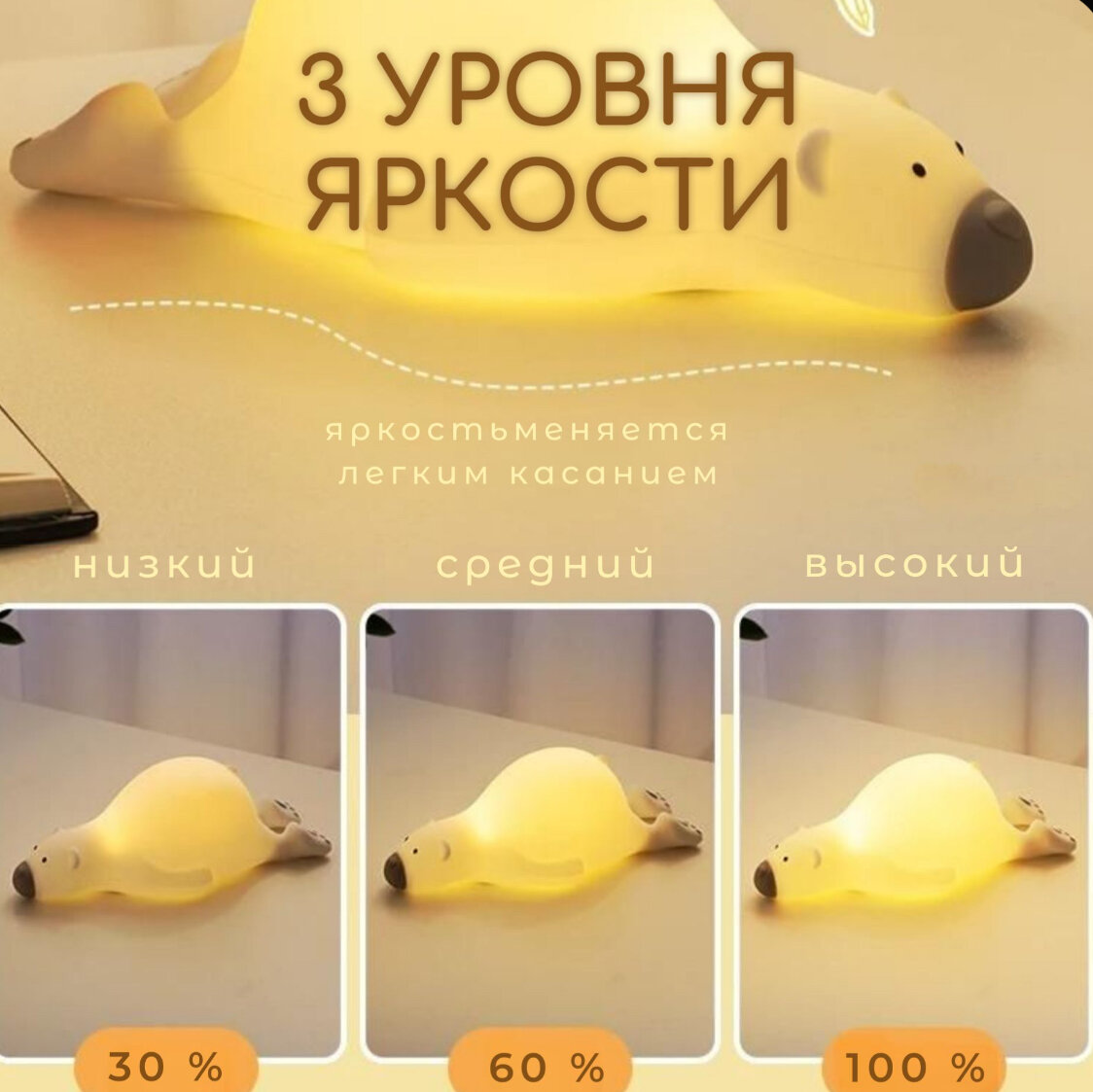 Ночник медведь, детский ночник, ночник в детскую комнату, силиконовый ночник, ночник с таймером