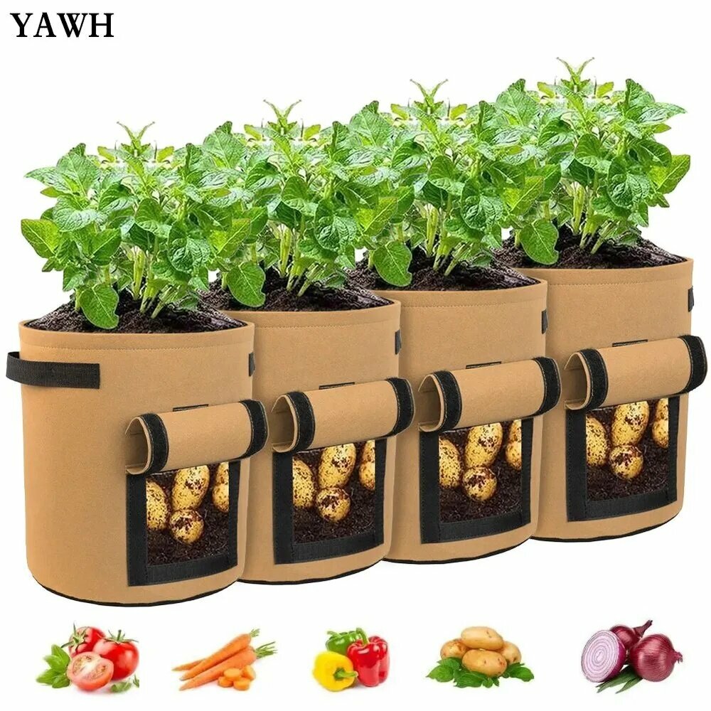Набор из 4 мешков для выращивания картофеля, объемом 38 литров, с клапаном - Из прочной ткани с ручками и окном для сбора урожая, нетканые горшки-плантаторы для выращивания овощей и помидоров